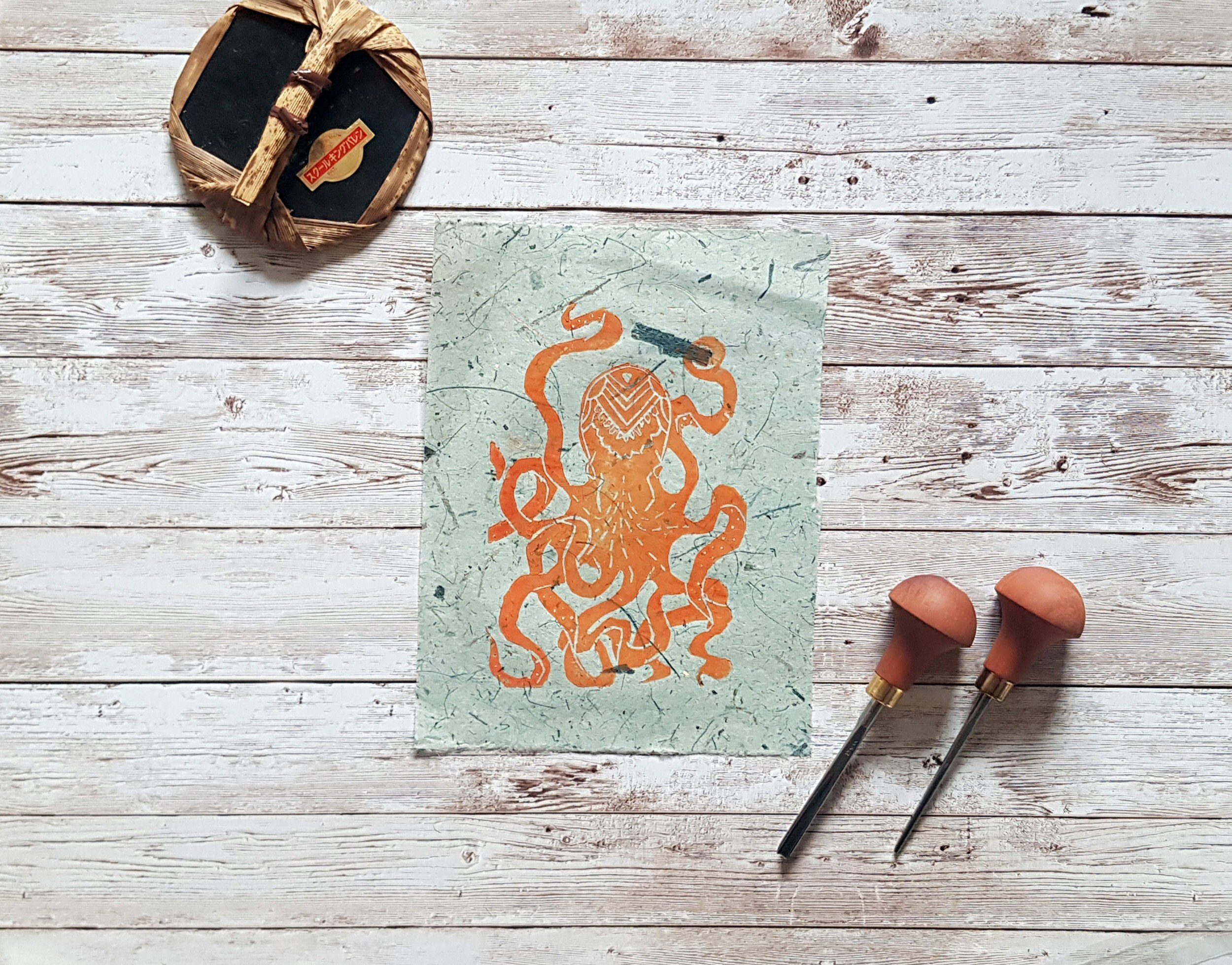 Octopus Lino Print, Block Print, Handprinted Art, Relief Print, Marine ...