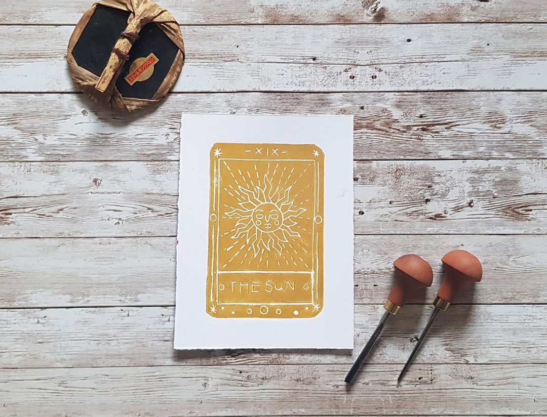 Sun Tarot Card Lino Print, Block Print, Handprinted Art, Relief Print ...
