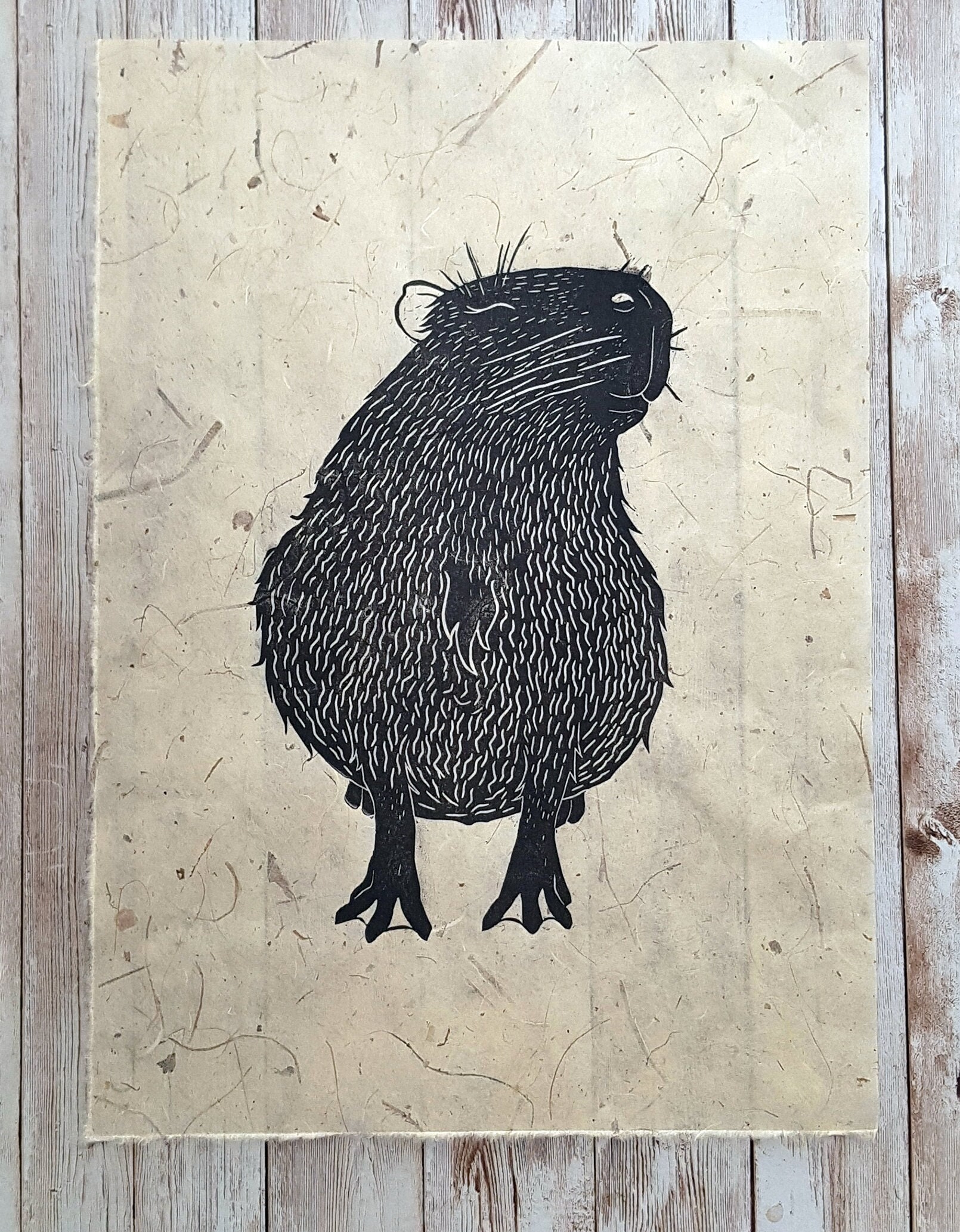 Capybara Lino Print: Handprinted Rodent Art on Thai Mulberry Paper - Etsy