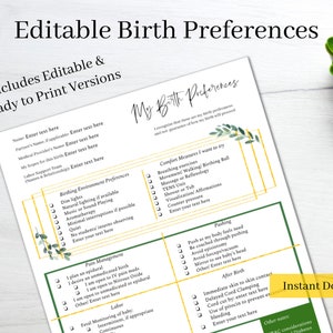 Birth Preferences/ Birth Plan Template/ Editable Birth Plan/ Printable ...