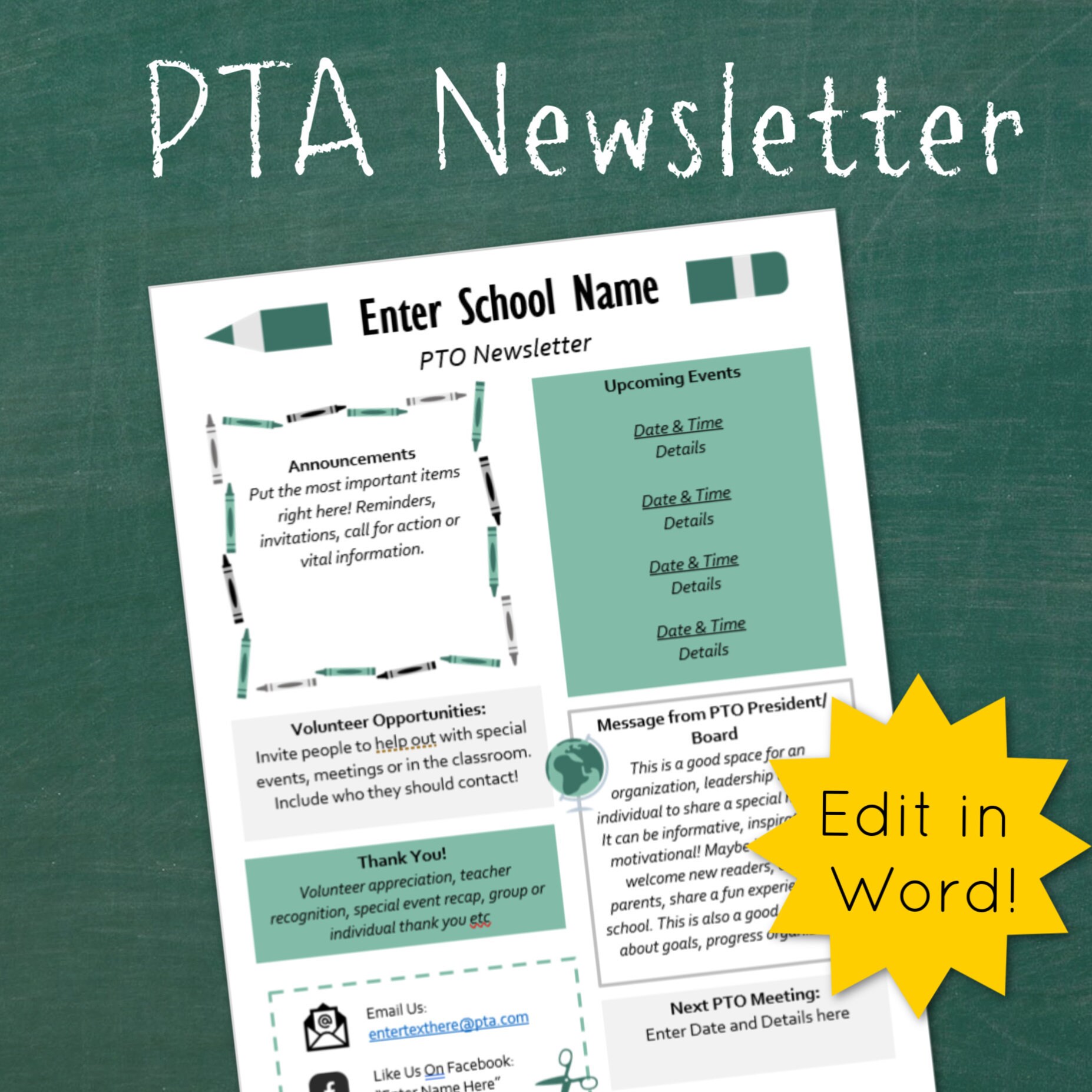 PTO PTA Newsletter Template Editable in Green/ Printable Newsletter ...