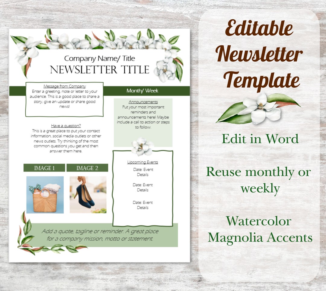 Editable Newsletter Template/ Edit in Word Newsletter/ Magnolia ...