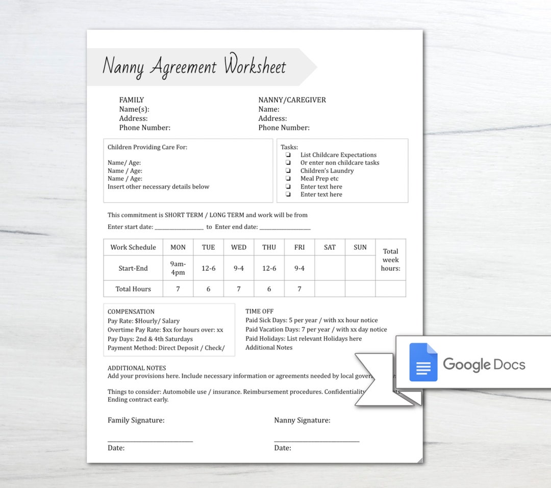 Nanny Agreement Worksheet / Nanny Contract / Nanny Agreement/ Nanny ...