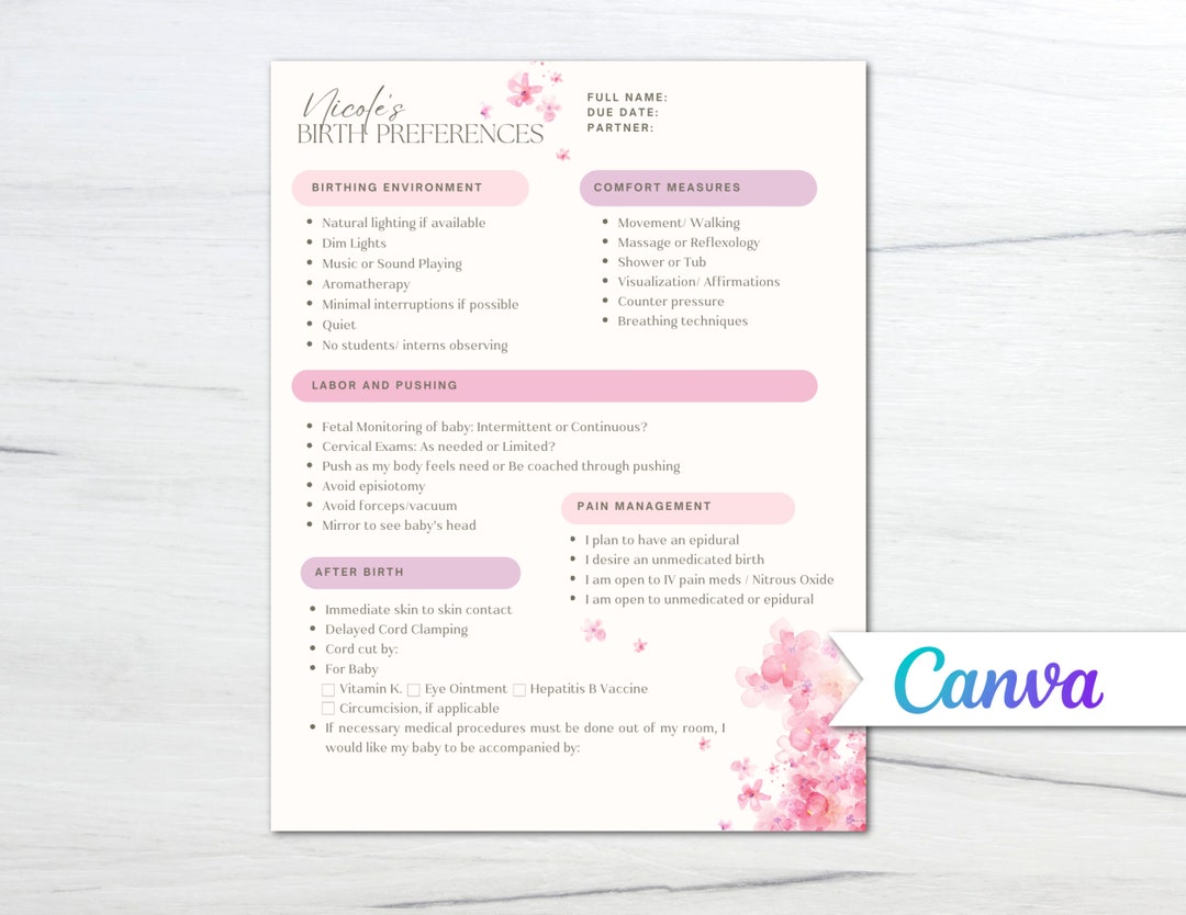 Birth Preference/ Birth Plan Template/ Editable Birth Plan/ Printable ...