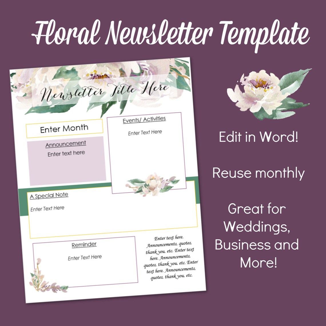 Newsletter Template Editable/ Edit in Word Newsletter/ Floral - Etsy