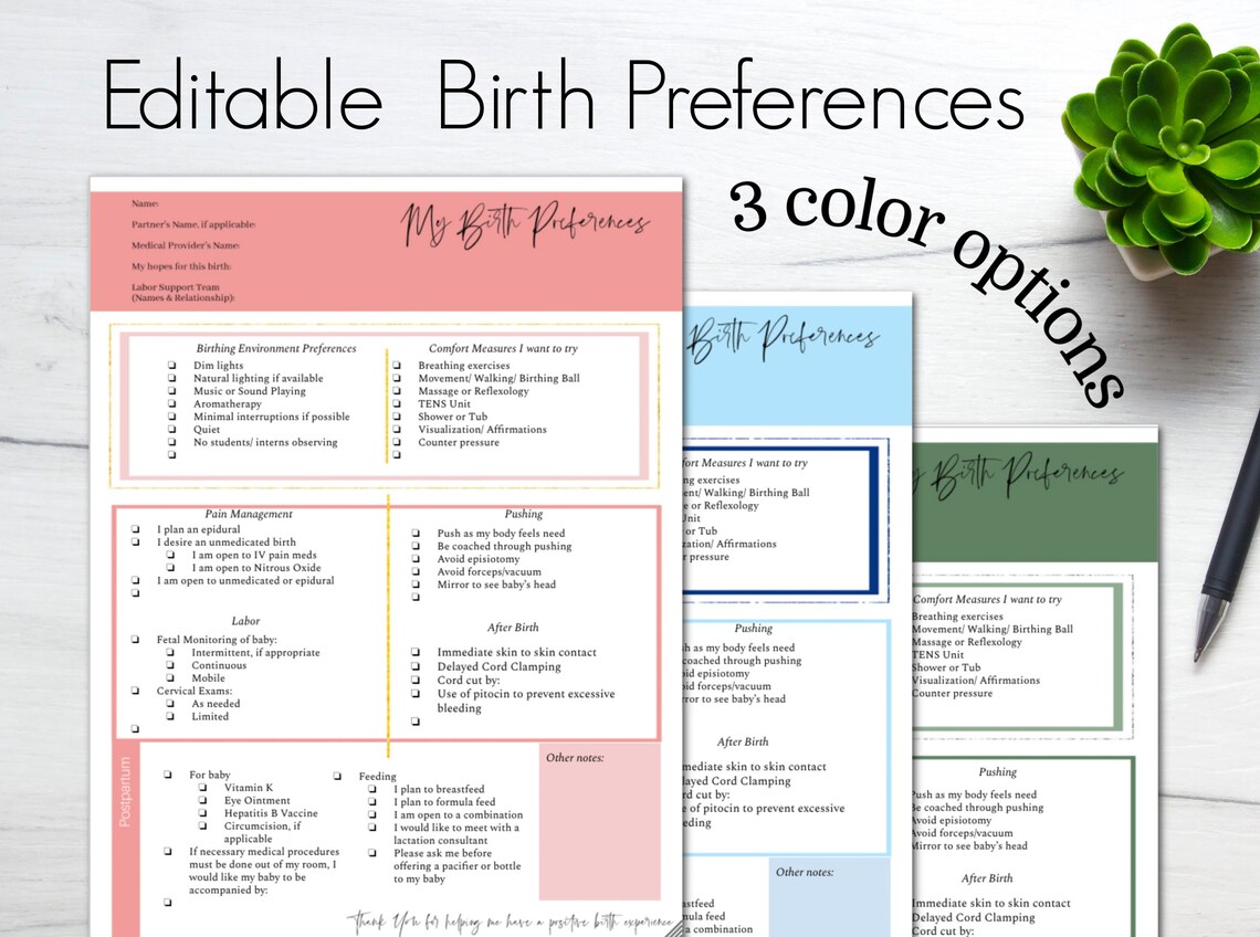 Birth Preferences/ Birth Plan Template/ Editable Birth Plan/ Printable ...