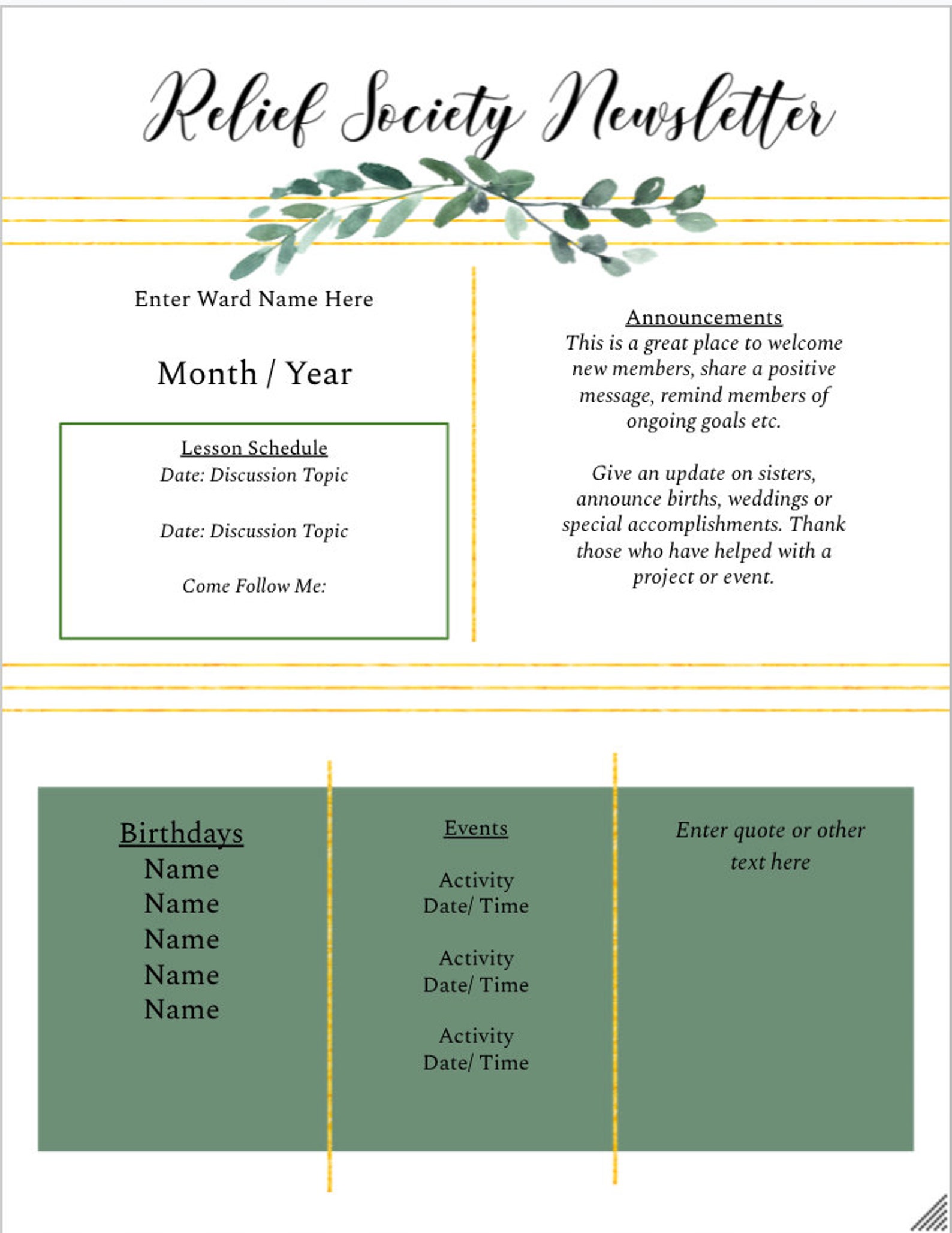 Editable Relief Society Newsletter Template/ Edit in Google - Etsy