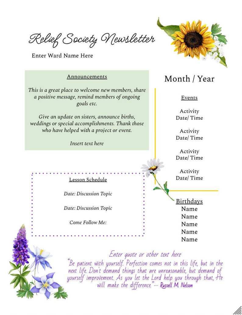 Relief Society Newsletter Template/ Edit in Google Docs/ LDS Newsletter ...