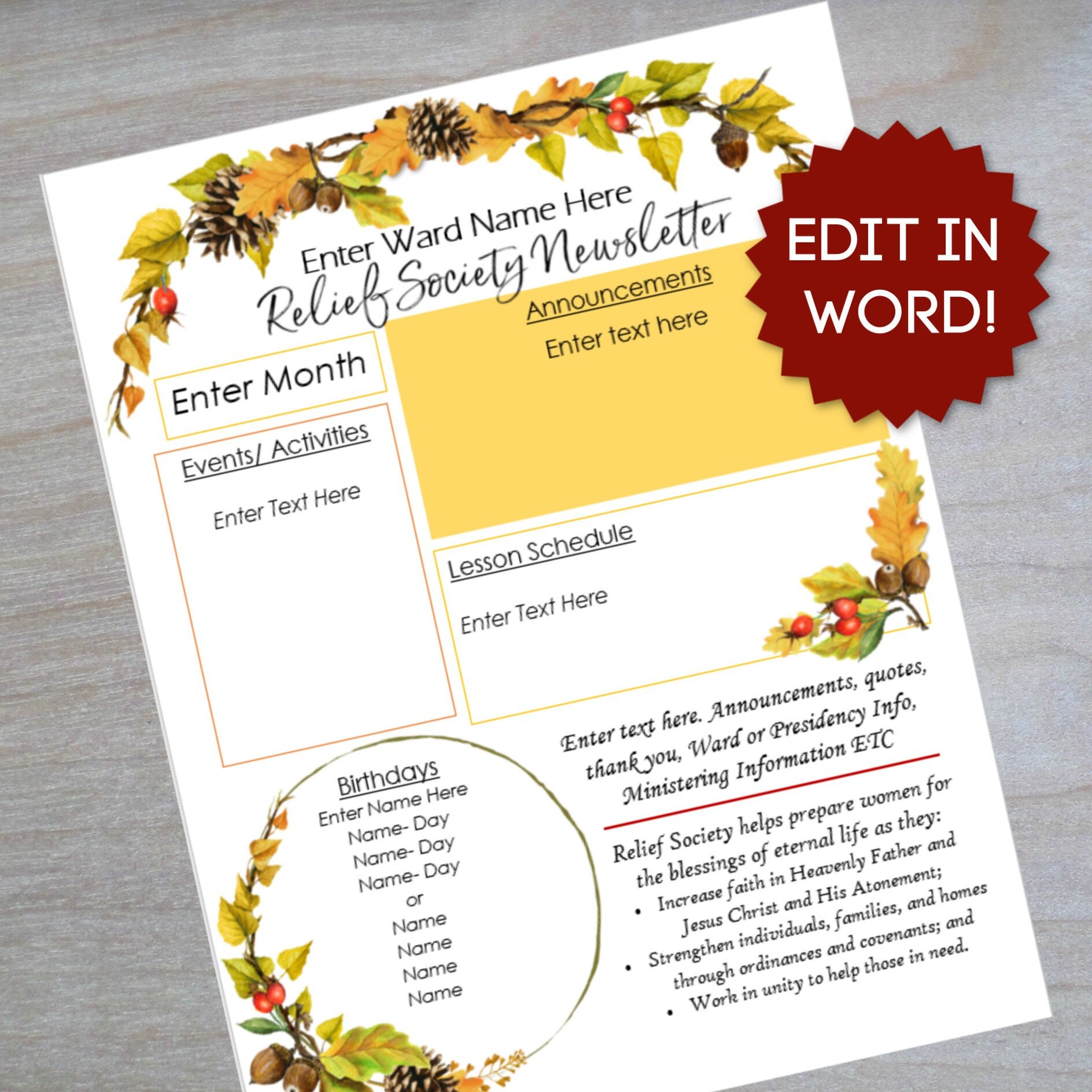 Editable Relief Society Newsletter With Watercolor Leaves/ Fall ...