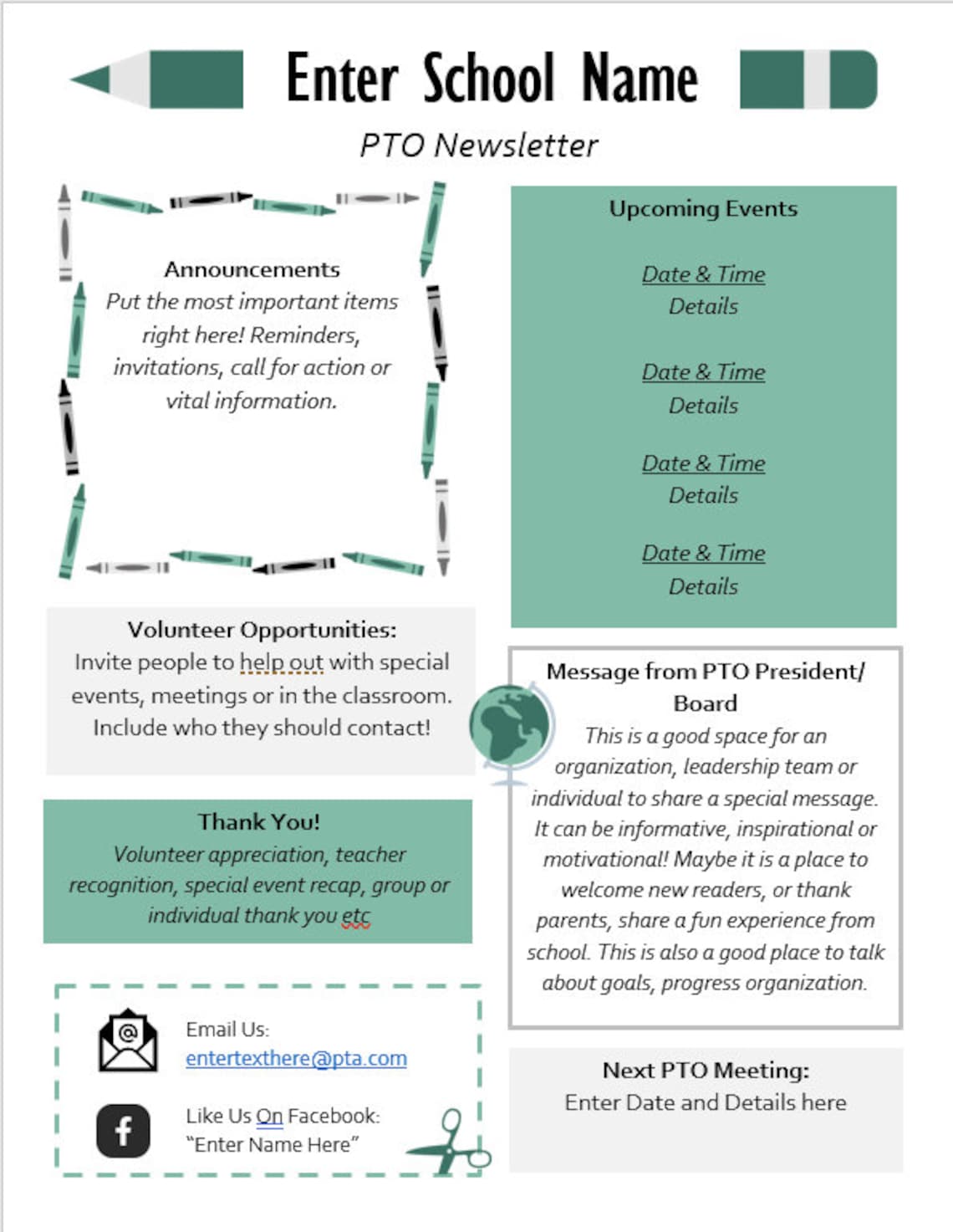 PTO PTA Newsletter Template Editable in Green/ Printable Newsletter ...