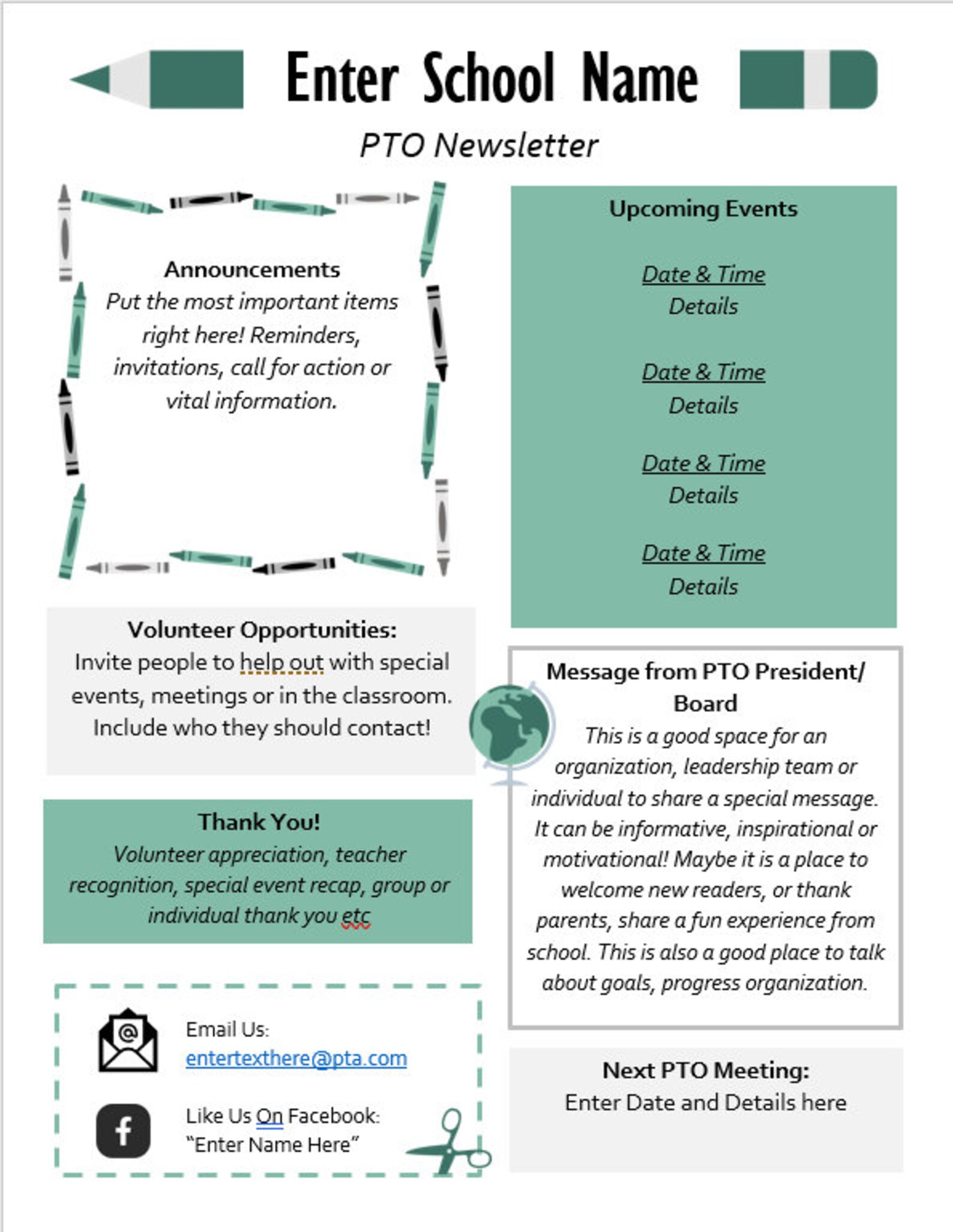 PTO PTA Newsletter Template Editable in Green/ Printable Newsletter ...