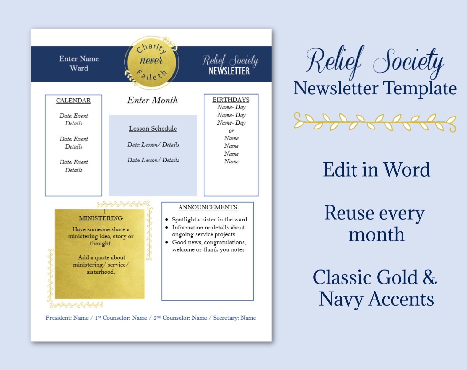 Editable Relief Society Newsletter/ LDS Newsletter Template/ Editable ...