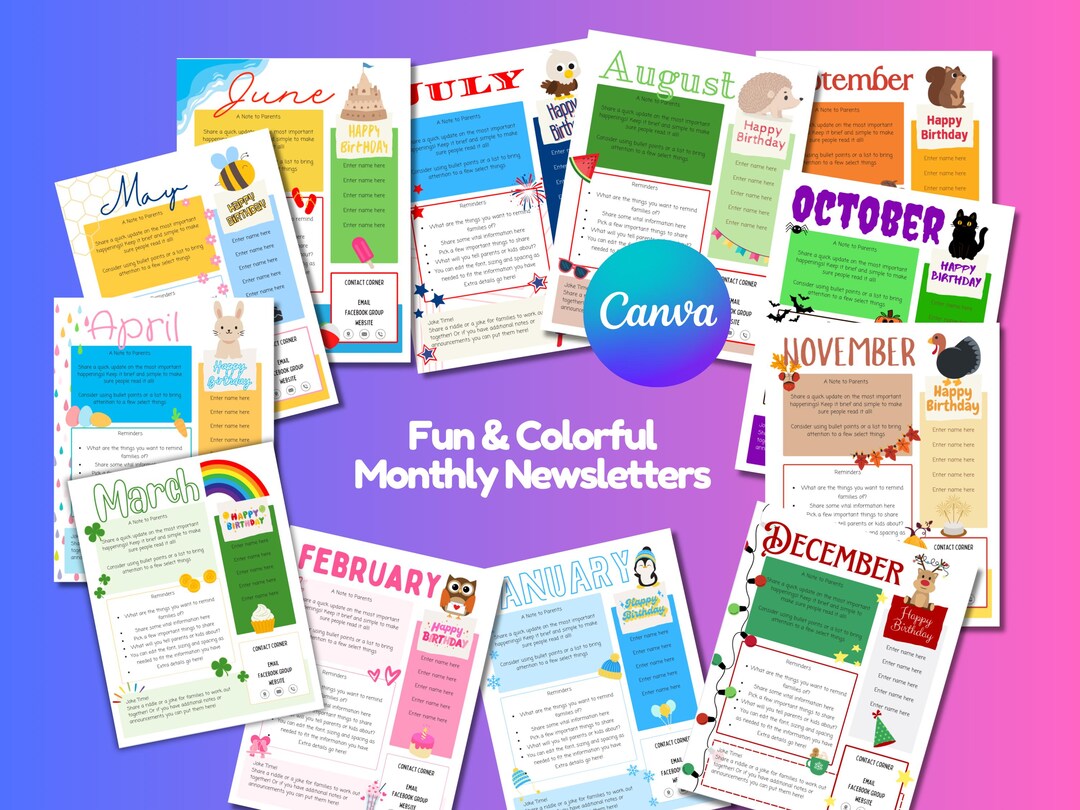 Fun Monthly Newsletter Bundle/ Full Year Editable Newsletter Template ...