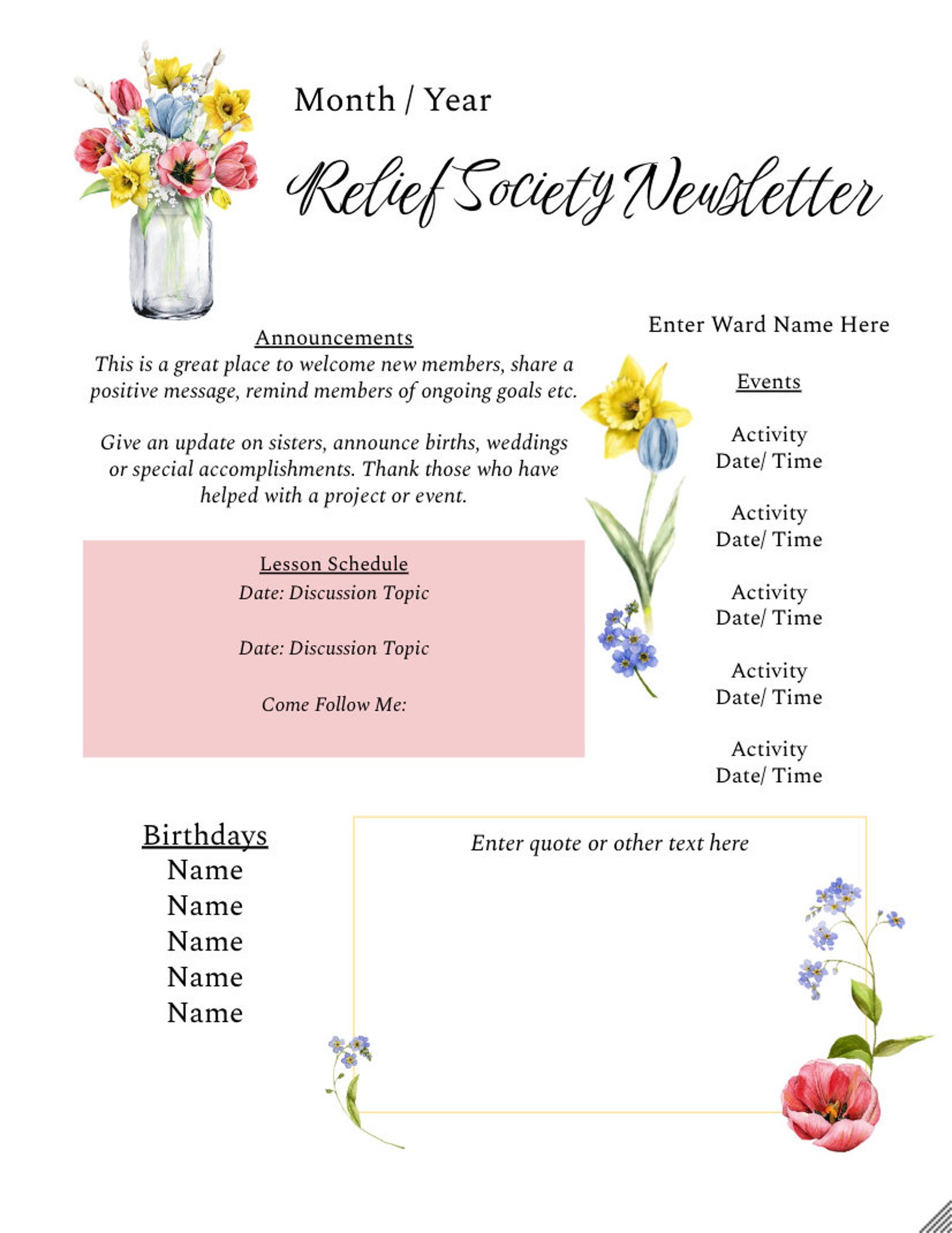 Relief Society Newsletter Template/ Edit in Google Docs/ LDS Newsletter ...