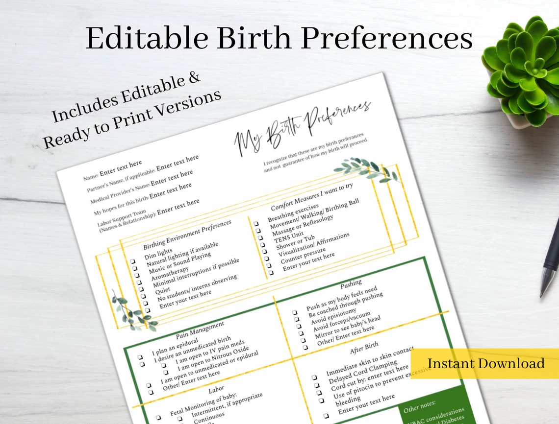 Birth Preferences/ Birth Plan Template/ Editable Birth Plan/ - Etsy