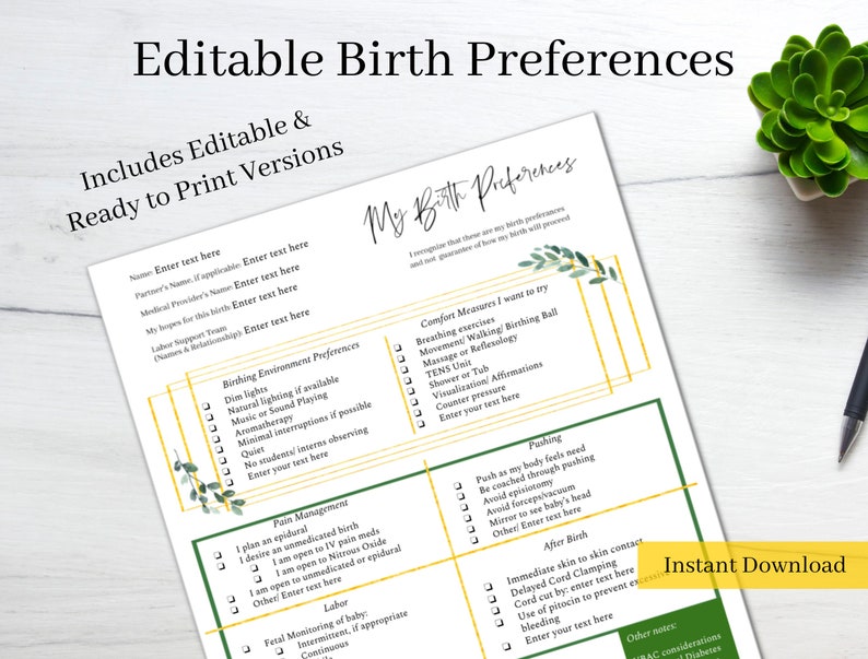Birth Preferences/ Birth Plan Template/ Editable Birth Plan/ - Etsy