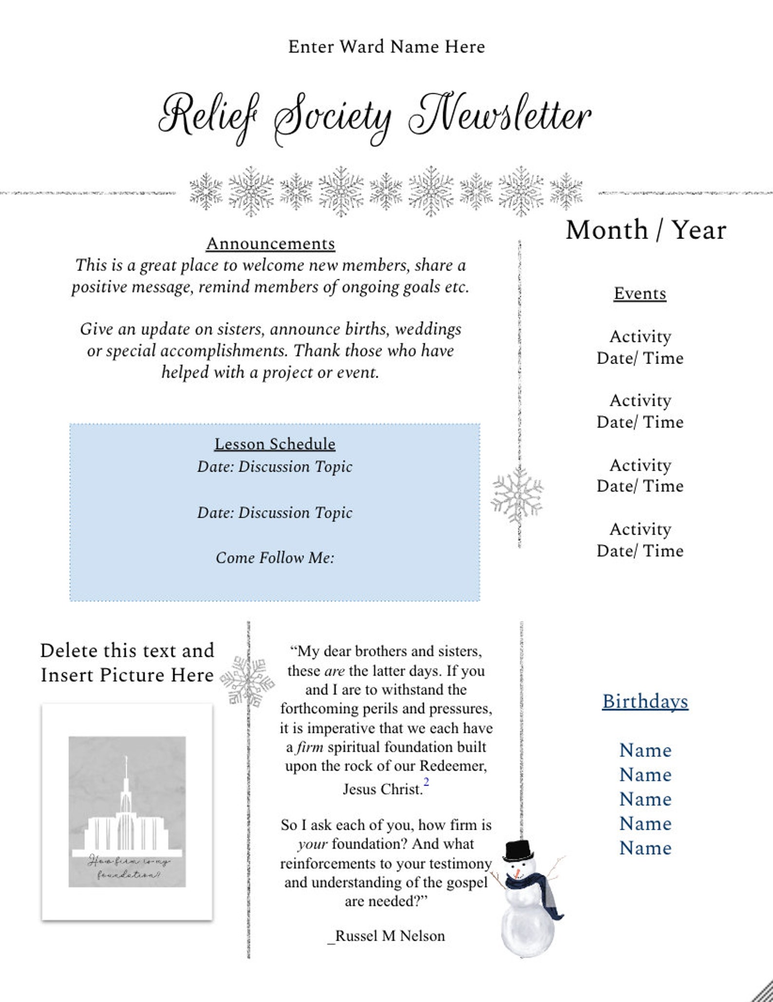Relief Society Newsletter Template/ Edit in Google Docs/ LDS Newsletter ...