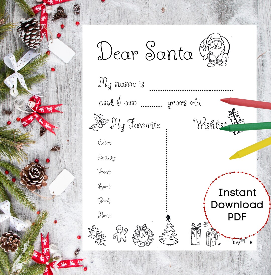 Letter to Santa Printable/ Christmas Coloring Page/ Christmas List ...