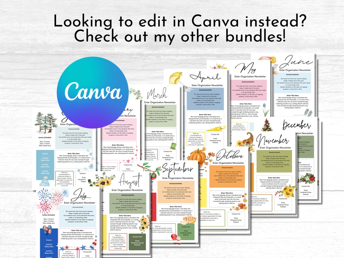 Full Year Newsletter Template Bundle/ 12 Monthly Newsletters/ Editable ...
