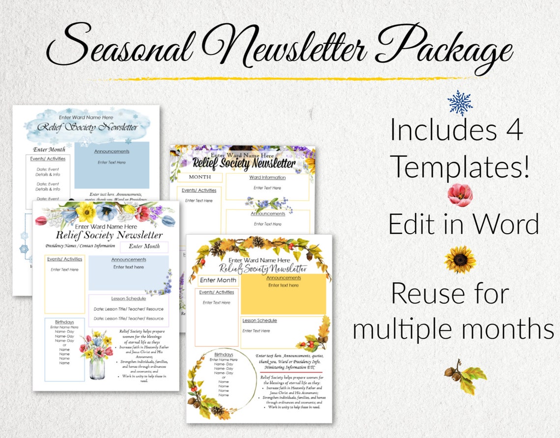 Editable Relief Society Newsletter Package/ Seasonal Newsletters/ LDS ...