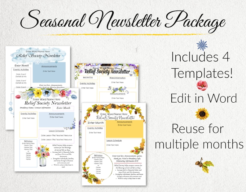 Editable Relief Society Newsletter Package/ Seasonal Newsletters/ LDS ...