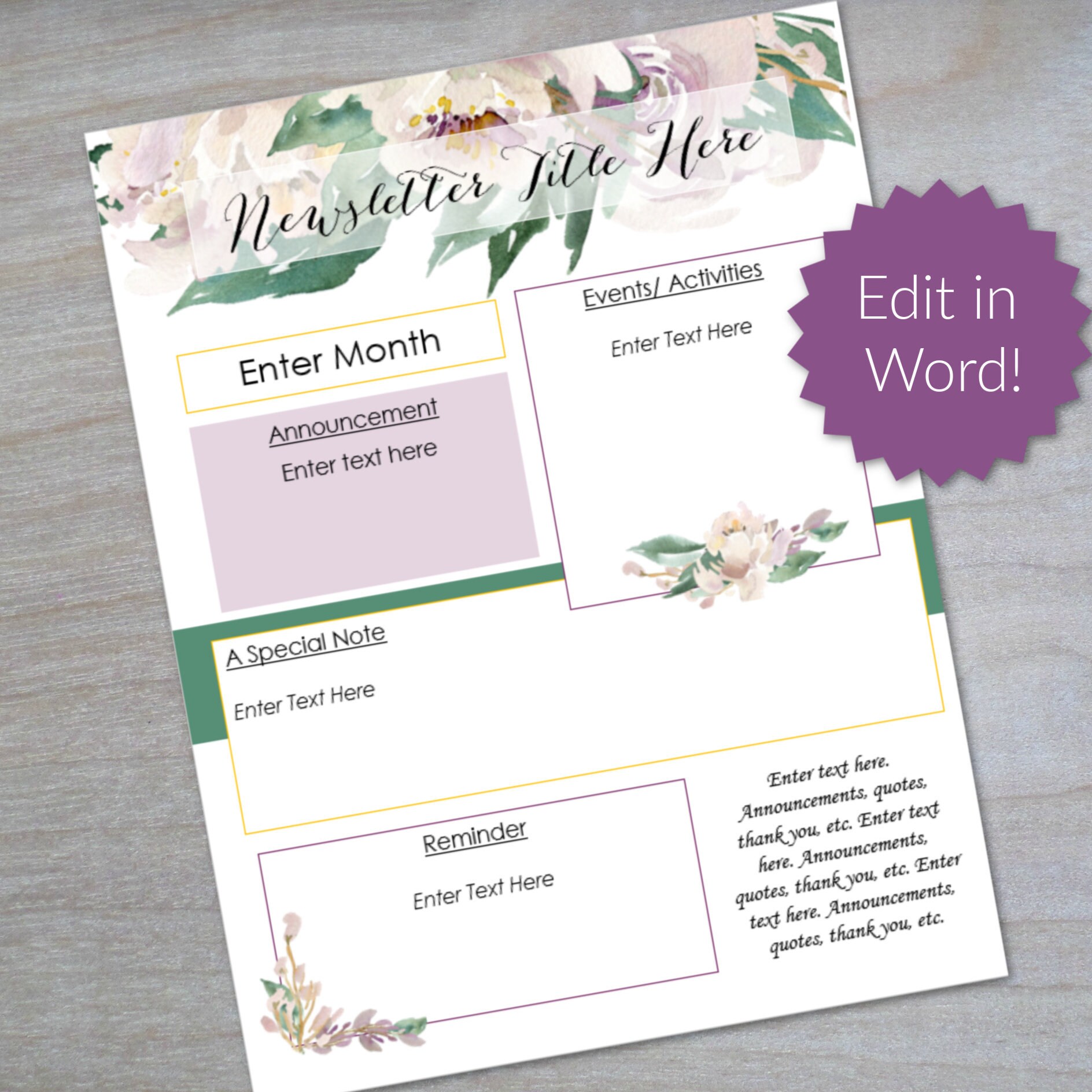 Newsletter Template Editable/ Edit in Word Newsletter/ Floral - Etsy