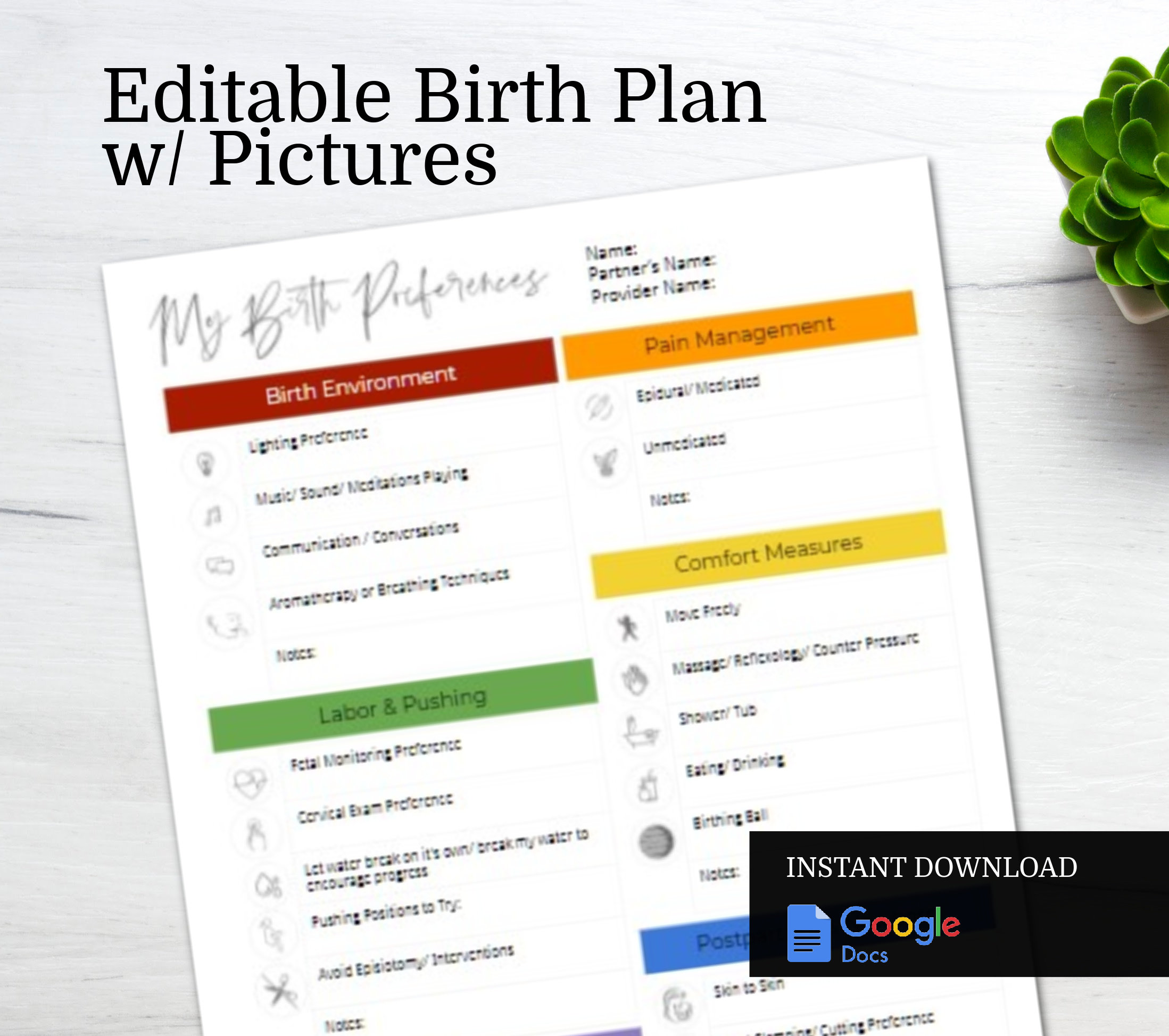 Visual Birth Preferences/ Birth Plan Template/ Editable Birth Plan ...