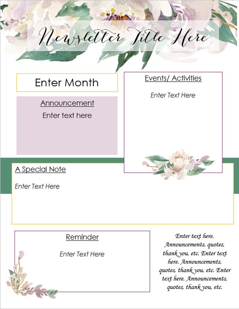 Newsletter Template Editable/ Edit in Word Newsletter/ Floral - Etsy