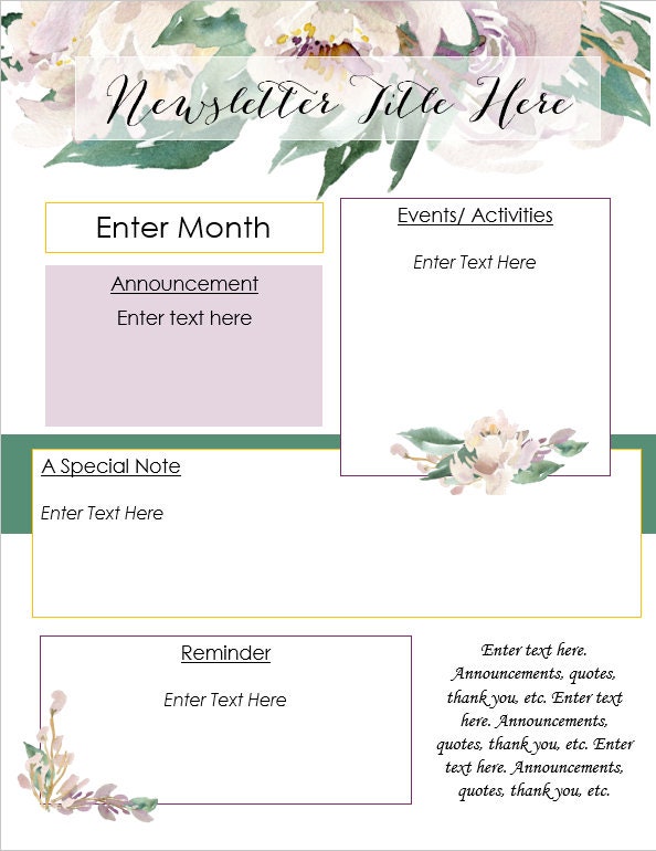 Newsletter Template Editable/ Edit in Word Newsletter/ Floral | Etsy