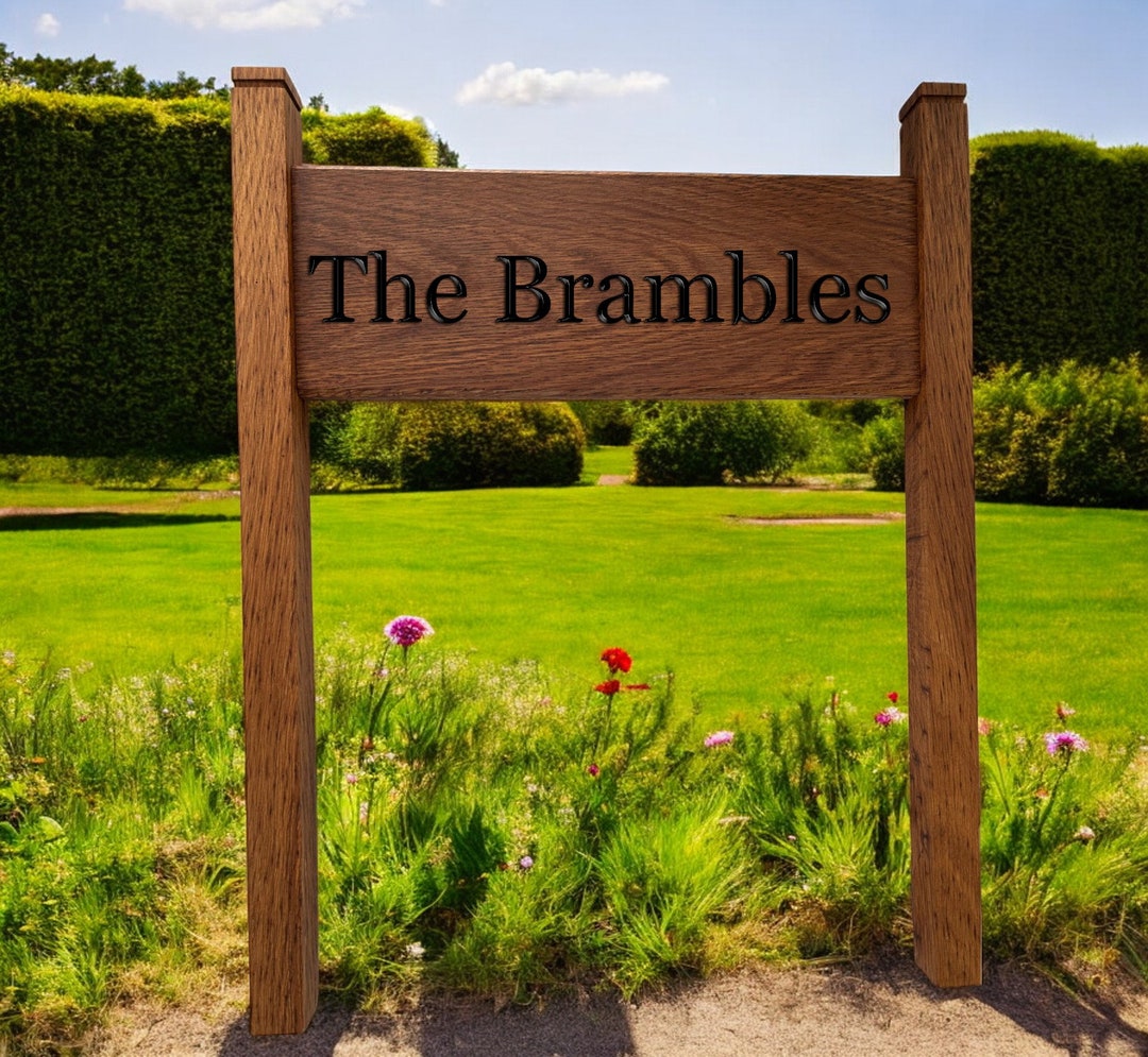 Custom Engraved French Oak House Sign With Posts - Personalized Address ...