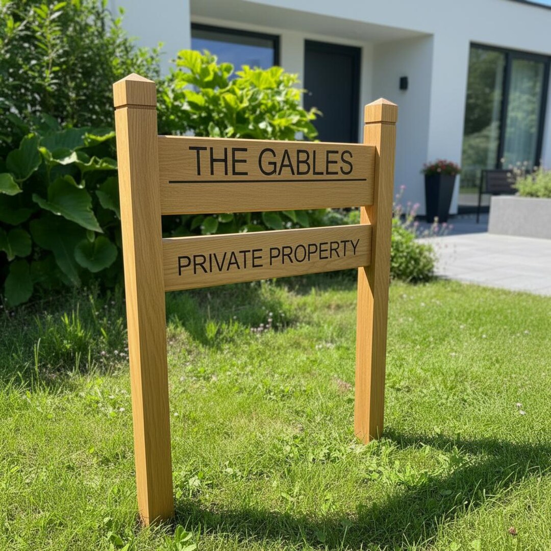 Personalised Oak Double Post Sign Custom Wooden House Name & Secondary ...
