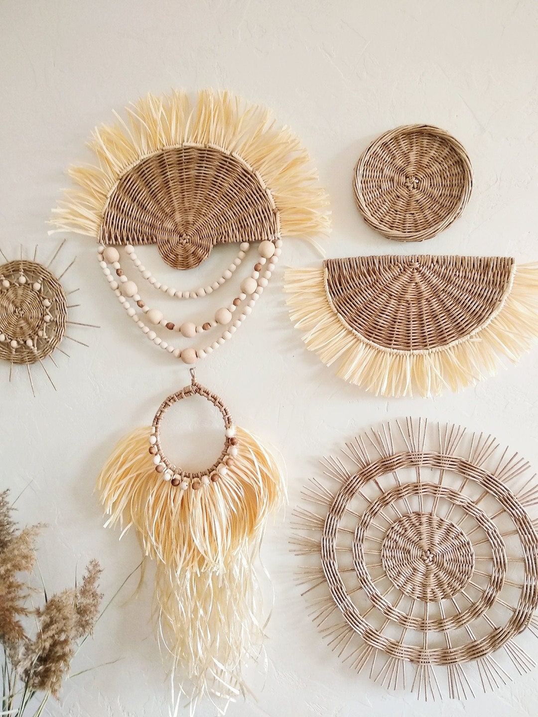 Boho Wicker Wall Basket Set: Raffia & Wood Bead Decor - Etsy