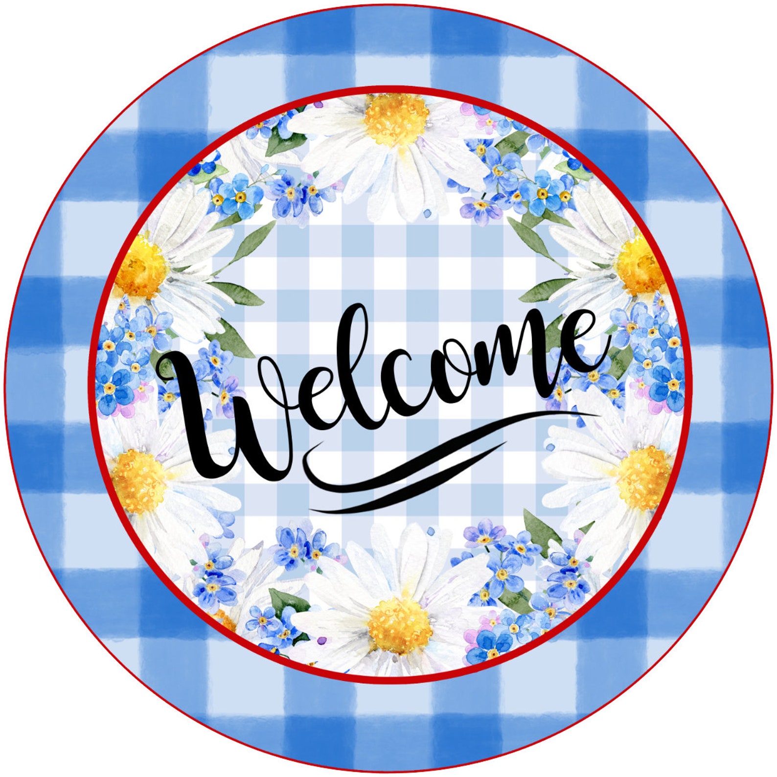 Welcome Daisy With Blue Gingham Border Sign Porch Decor - Etsy