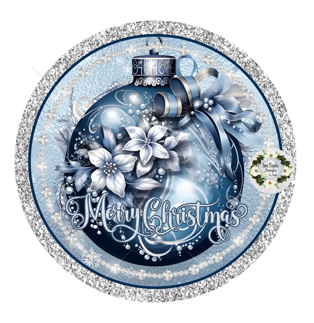 Blue and Silver Ornament Sign, Blue and Silver Christmas Wreath Sign ...