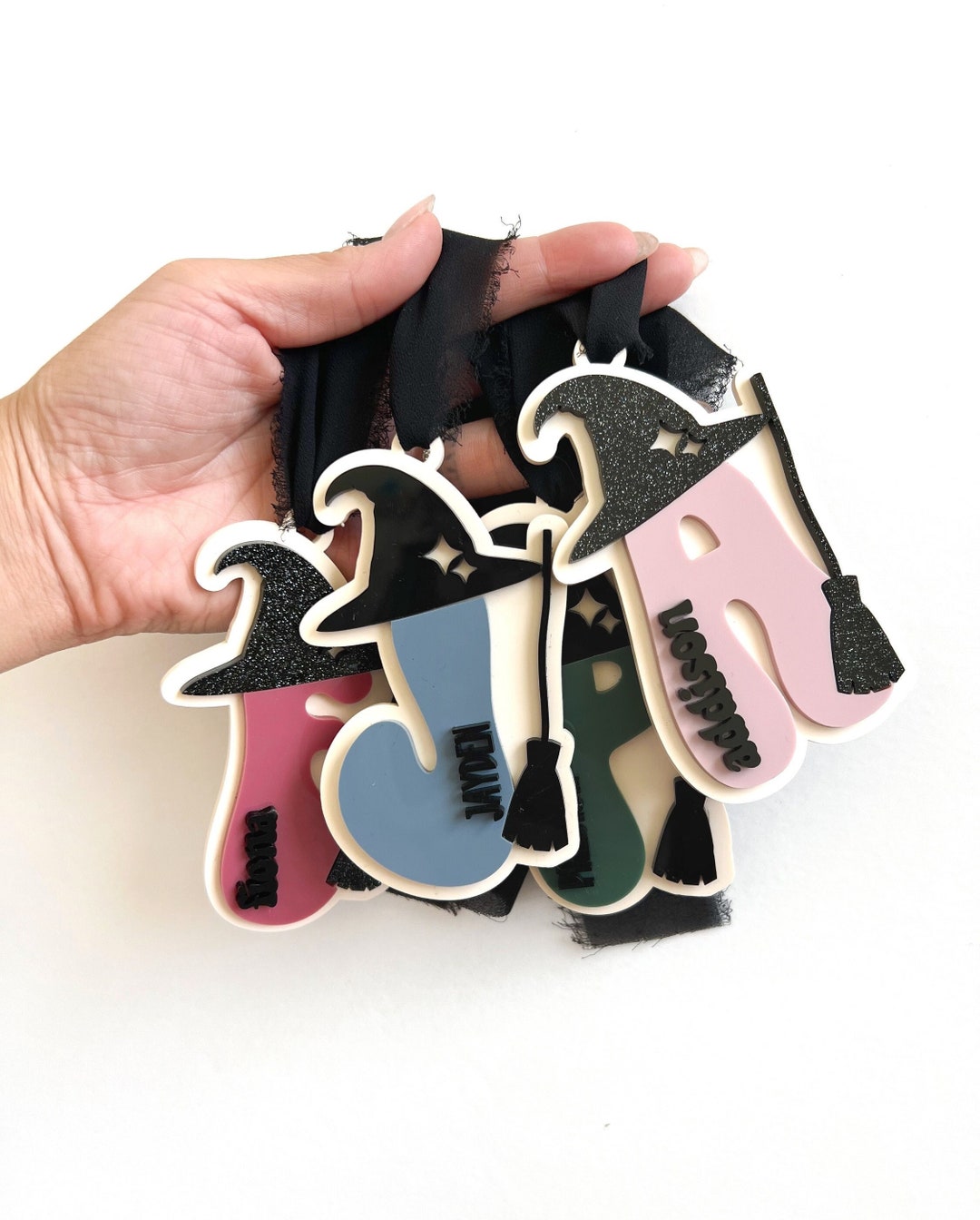 Witch Hat and Broom Letter Tags // Acrylic Name Tags // Halloween Tags ...