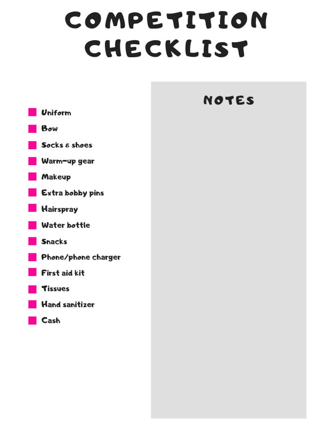 Cheer Competition Packing List - Etsy