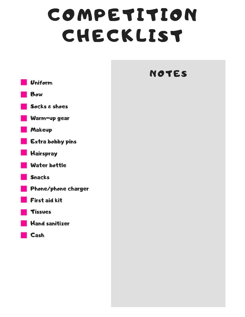Cheer Competition Packing List - Etsy