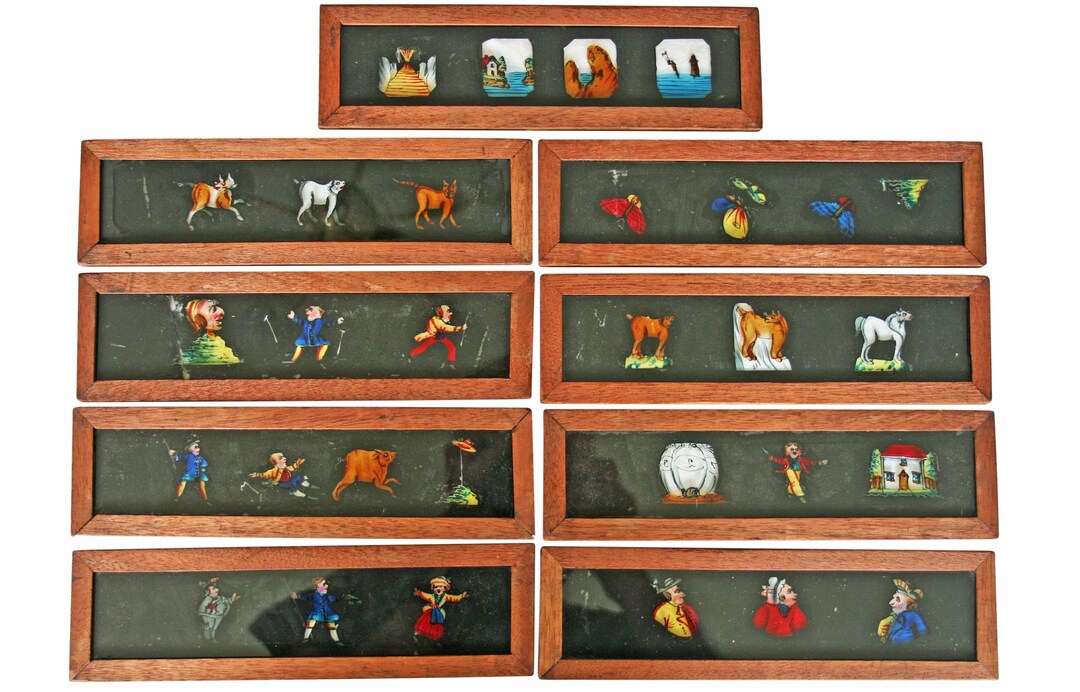 Antique Hand Painted Glass Magic Lantern Slides Strips of Children's Illustrations 1860-1920's ...