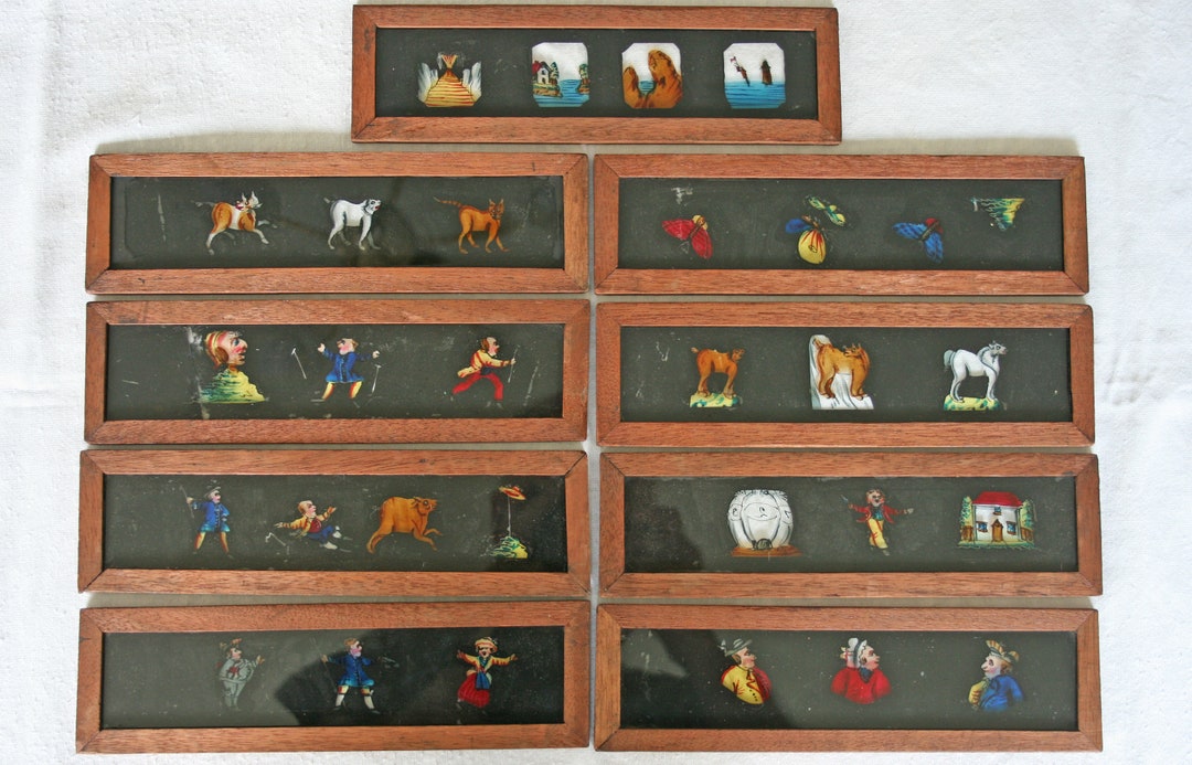 Antique Hand Painted Glass Magic Lantern Slides Strips of Children's Illustrations 1860-1920's ...