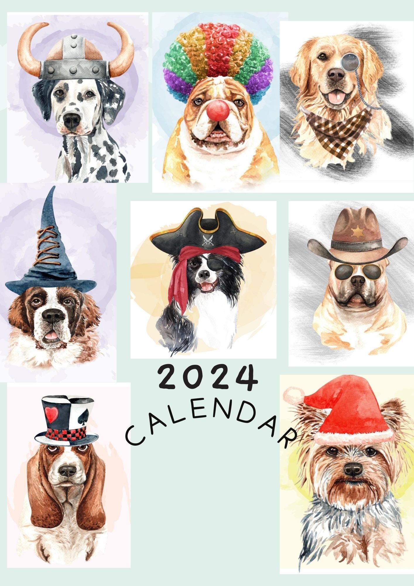 Dogs With Funny Hats 8.5 X11 Printable 2023 2024 Calendar Easy Instant ...