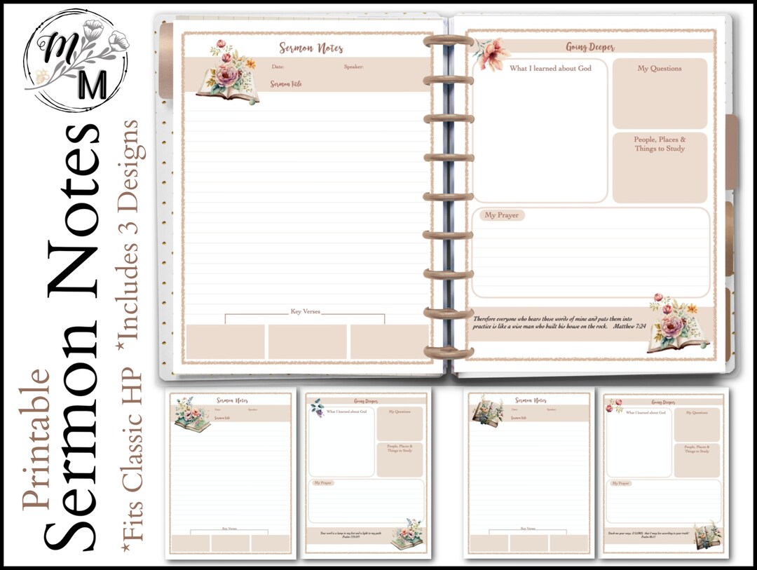 Sermon Notes, Printable, Fits Classic HP, Faith Journal Insert, Bible ...