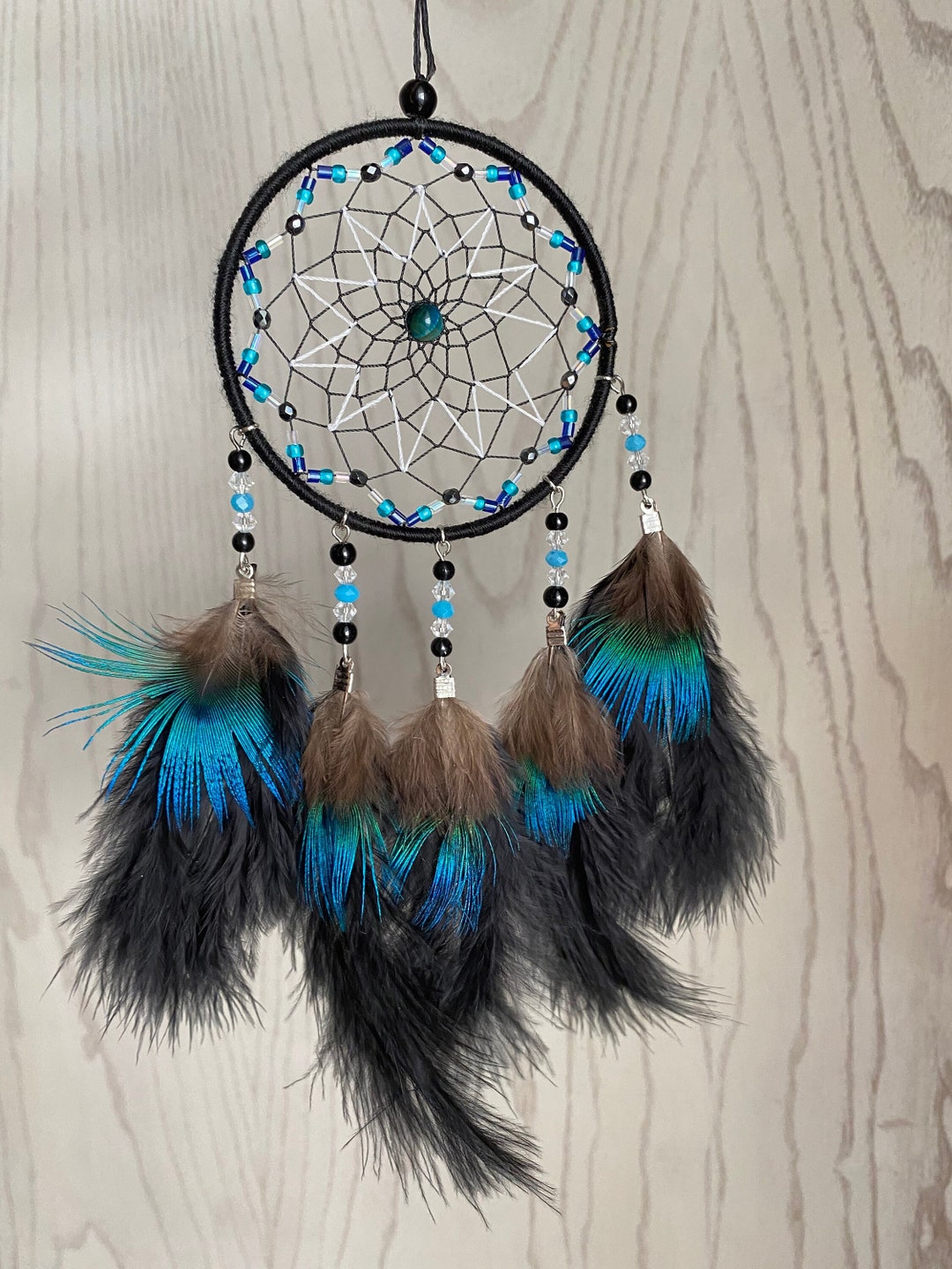 Dream Catcher for Car, Rear View Mirror Charm, Black Blue Feather Dream ...