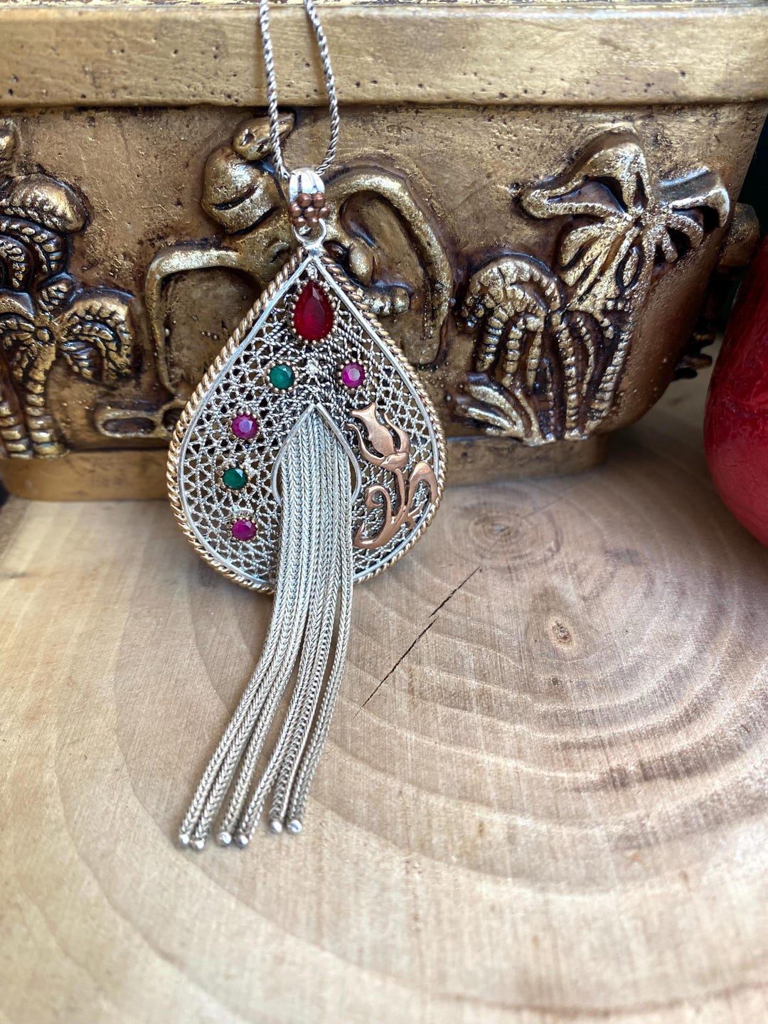 Handcrafted Turkish Filigree Silver Necklace, Ruby Emerald Statement ...