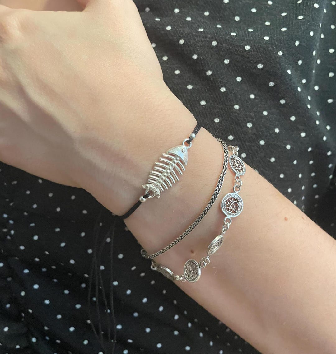 925 Sterling Silver Fishbone Bracelet: Adjustable Cord, Ocean Lover ...