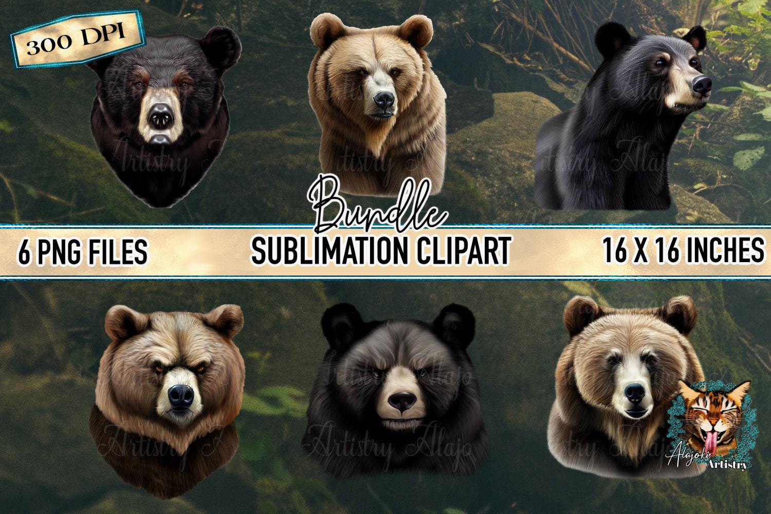 Realistic Bear Graphic Bundle 6 PNG Files, Brown and Black Bears, 16x16 ...