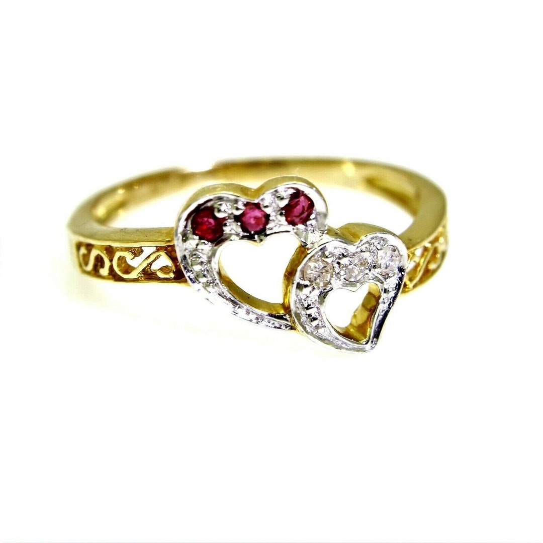 10k Gold Ruby Diamond Double Heart Ring Size 6 3/4 - N - Etsy