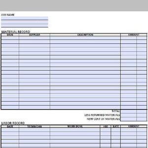 Material and Labor Record Sheet Project Bid Invoice Form Template ...