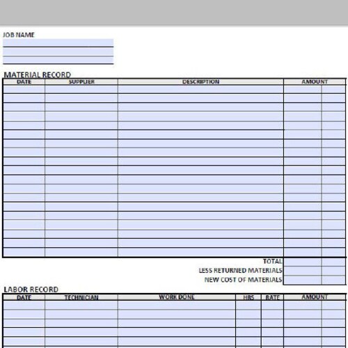 Material and Labor Record Sheet Project Bid Invoice Form - Etsy