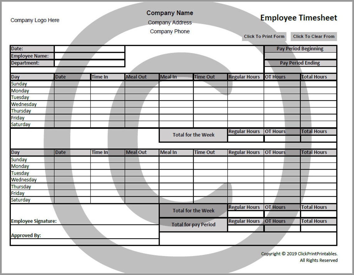 Employee Timesheet (black and White) - Home Business-tracker-printable ...