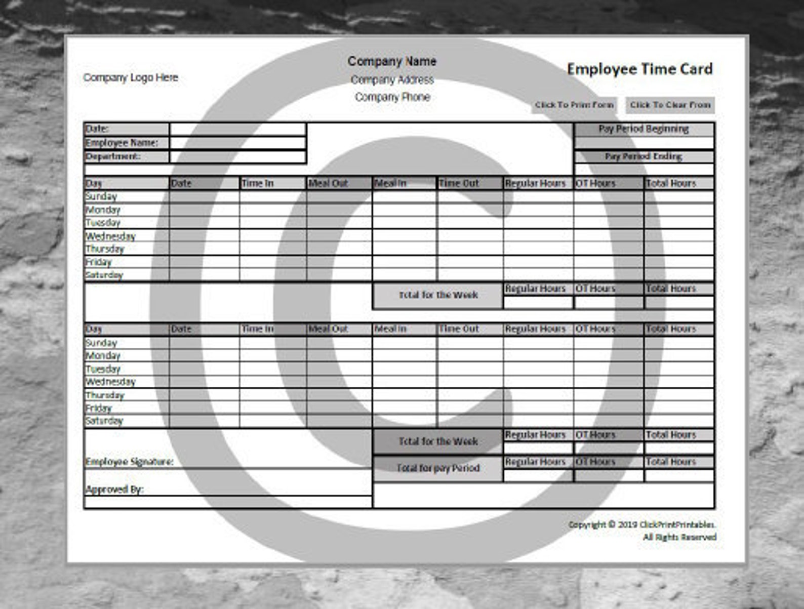 Employee Time Card (black and White)-home Business-tracker-printable ...